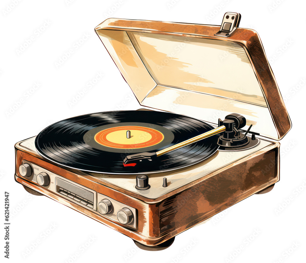 Watercolor hand painted vintage record player isolated. Stock ...