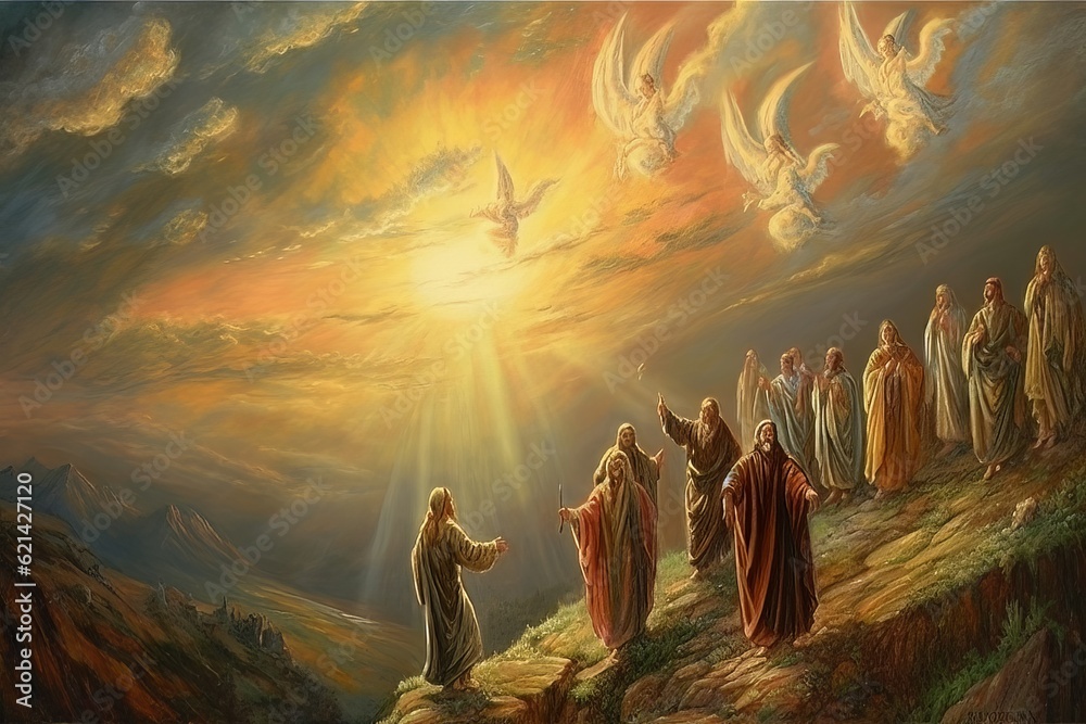Crowd of Orthodox believers stretches their hands to the angels soaring ...