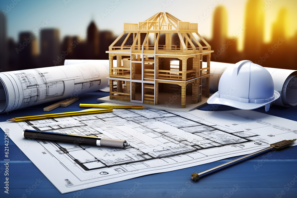 model house under construction, computer, construction helmet, 3D ...