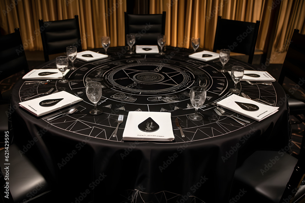 Secret society black round table with mysterious symbols, candles ...