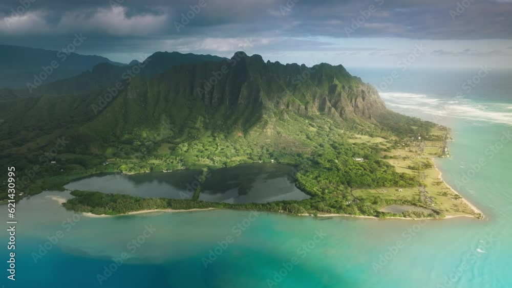 Time lapse of breathtaking aerial view dramatic mountains, blue ocean ...