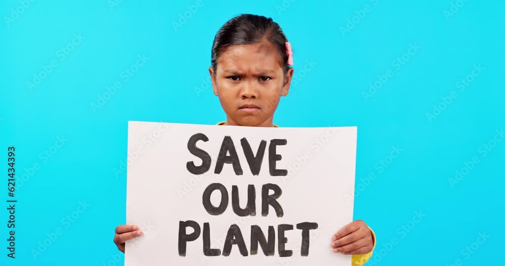 Girl, global warming and cardboard poster in studio, protest sign and ...
