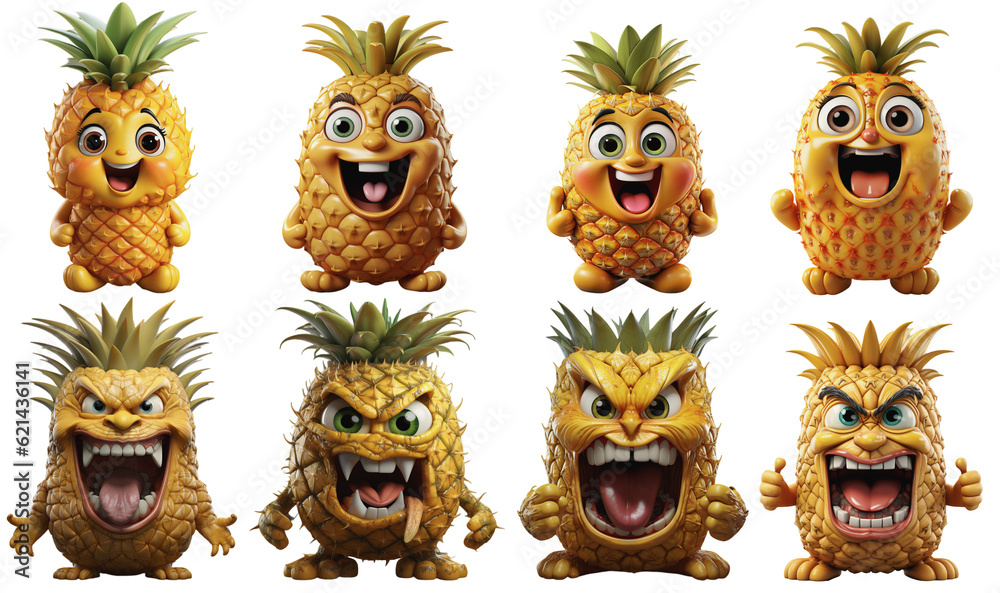 collection of happy, smiling and angry pineapple figures, on a ...
