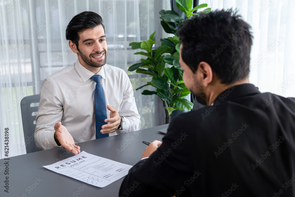 Interviewing job applicant in office with resume paper. Candidate wear ...