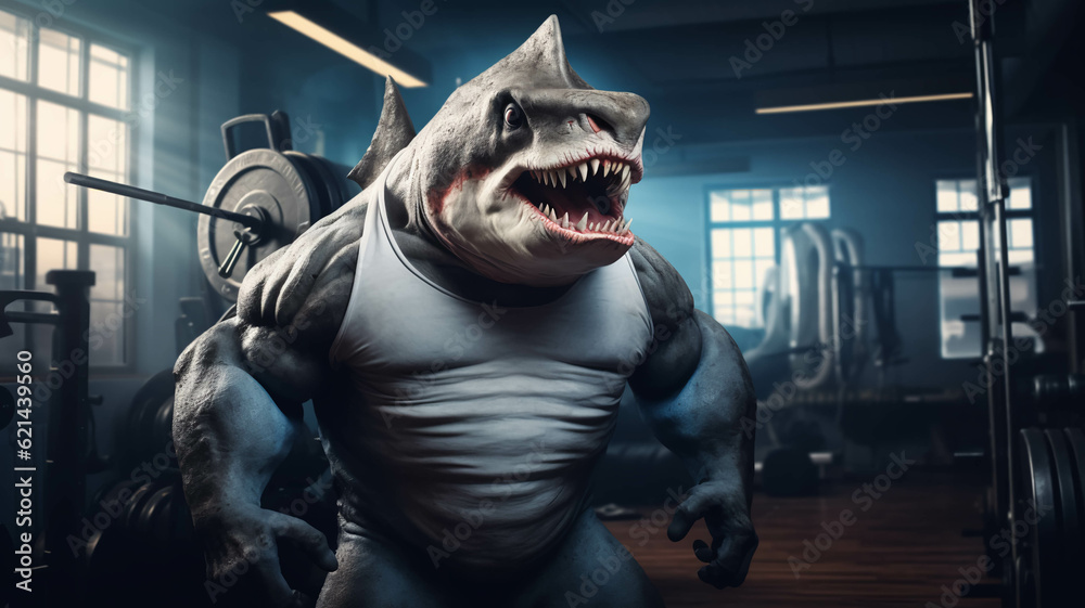 Shark as muscular fitness instructor in a gym.ai generated Stock ...