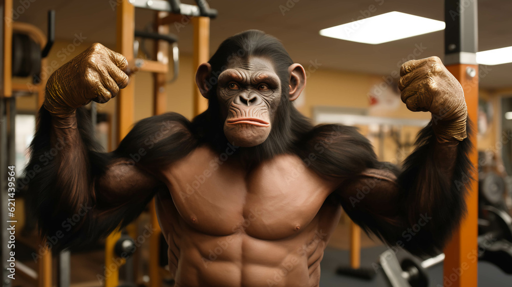 Chimpanzee as muscular fitness instructor in a gym.ai generated Stock ...