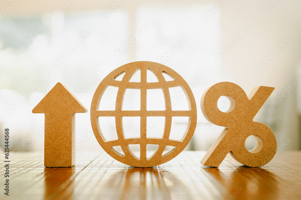 Percentage, globe model and up arrow, concepts for success, methods ...