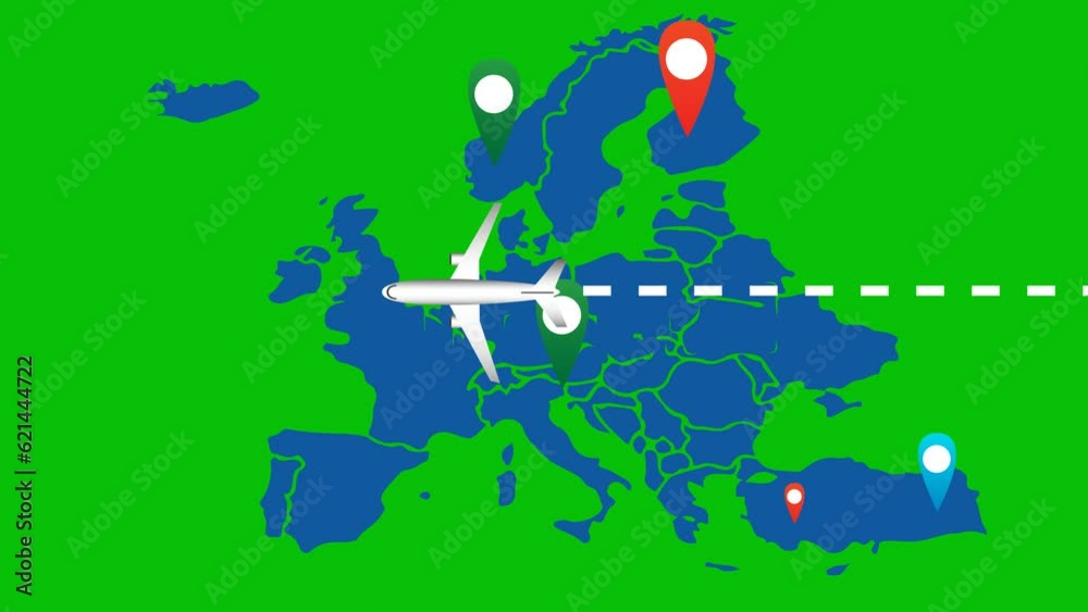 graphic animation of an airplane flying over maps of Europa towards a ...