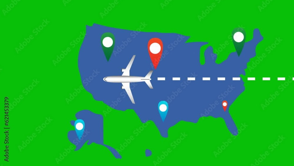 graphic animation of an airplane flying over maps of united states ...
