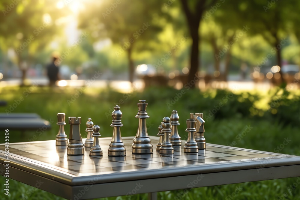A chess set on a park table with an empty park Stock Photo | Adobe Stock