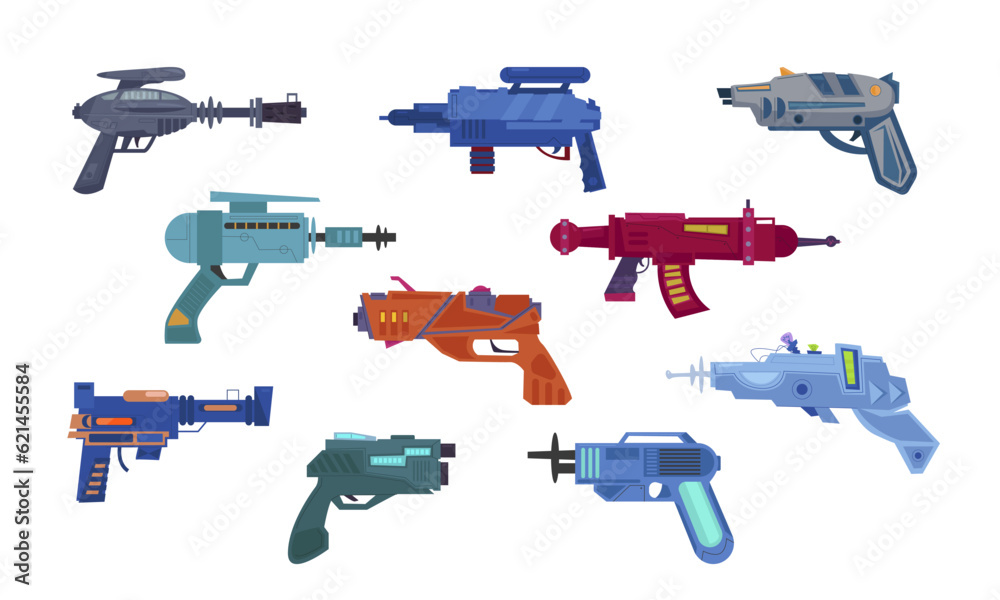 toy guns, laser tag pistols, set of isolated objects. space weapons ...