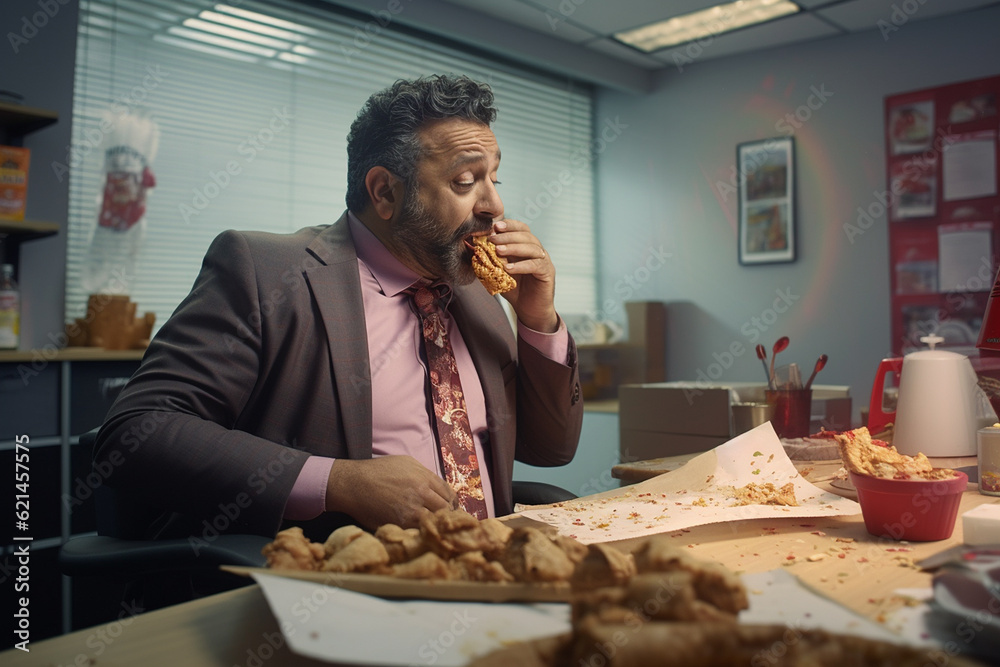 Middle aged caucasian man in eyeglasses eating junk food during working ...