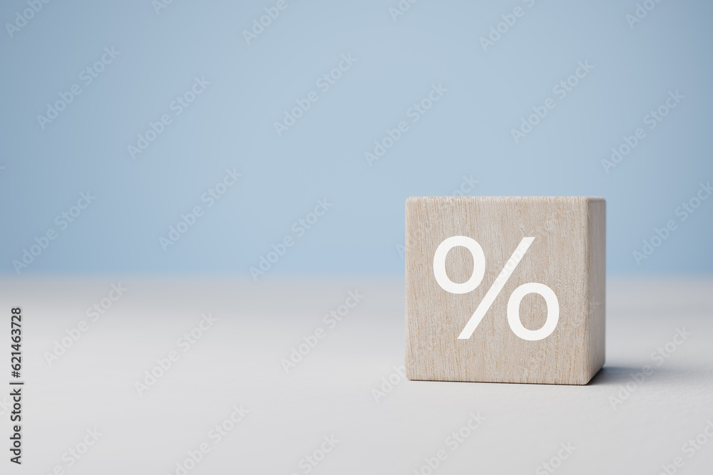 Percent sign. wood cube block with percentage symbol icon. Concept of ...