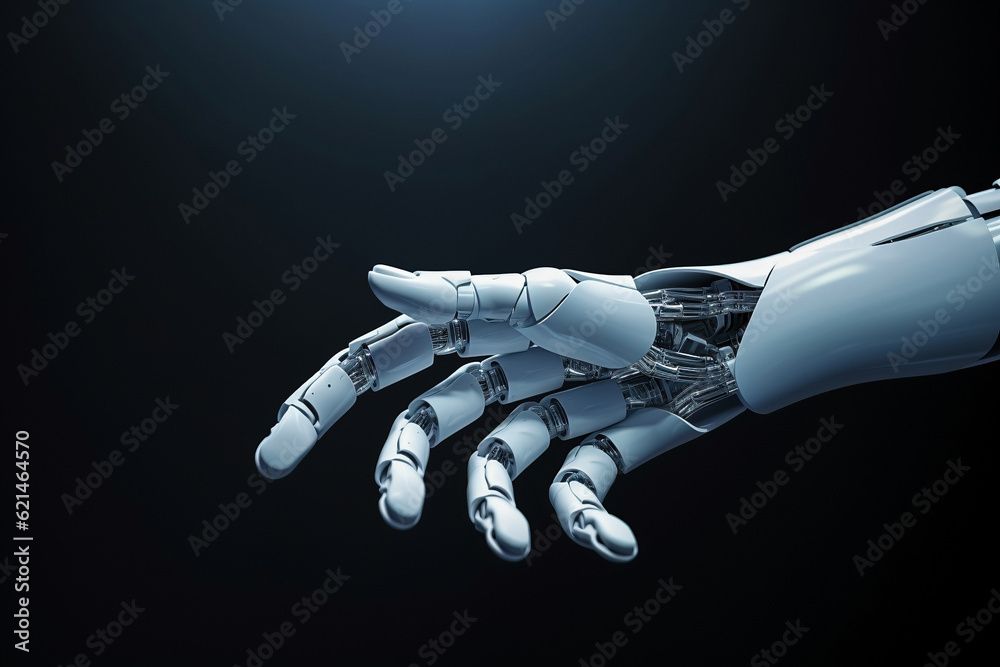 Extended robot hand with blue shading black copy space 02 generative ai ...