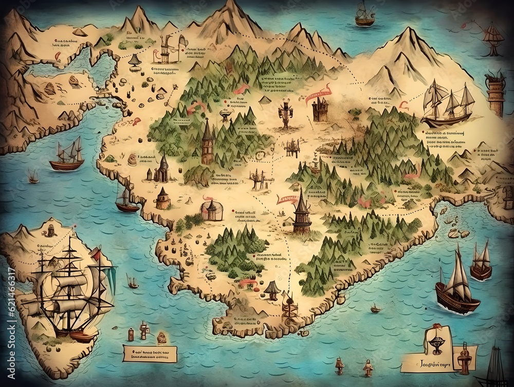 pirate map with pirate ships, islands and nautical signs. drawing of an ...