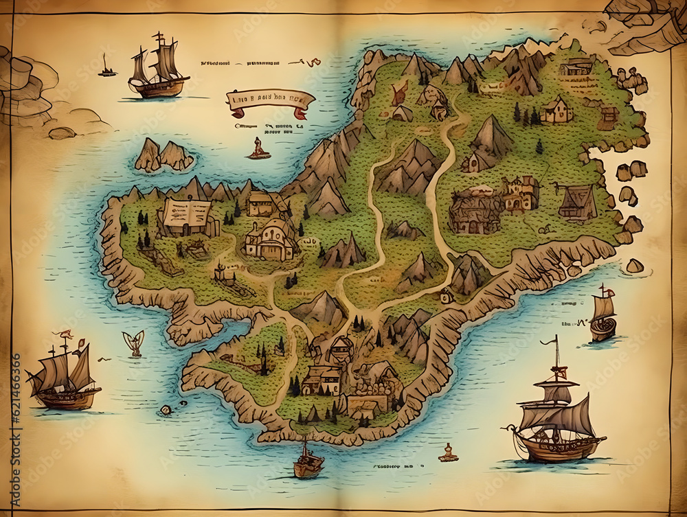 pirate map with pirate ships, islands and nautical signs. drawing of an ...