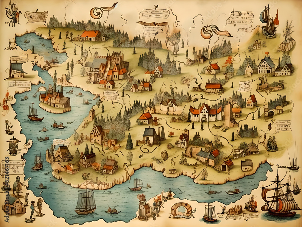 pirate map with pirate ships, islands and nautical signs. drawing of an ...