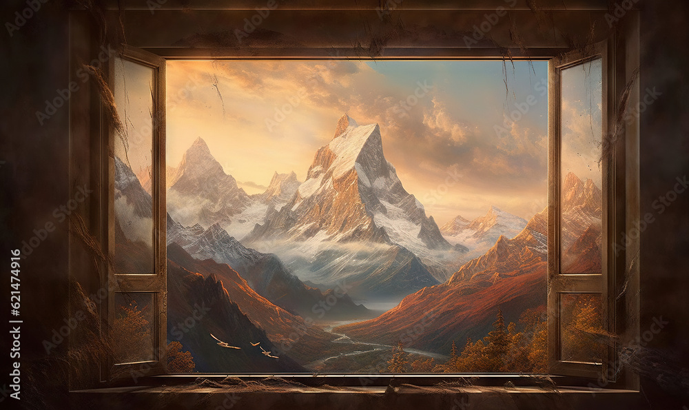 a painting of a mountain scene is shown through a window. generative ai ...