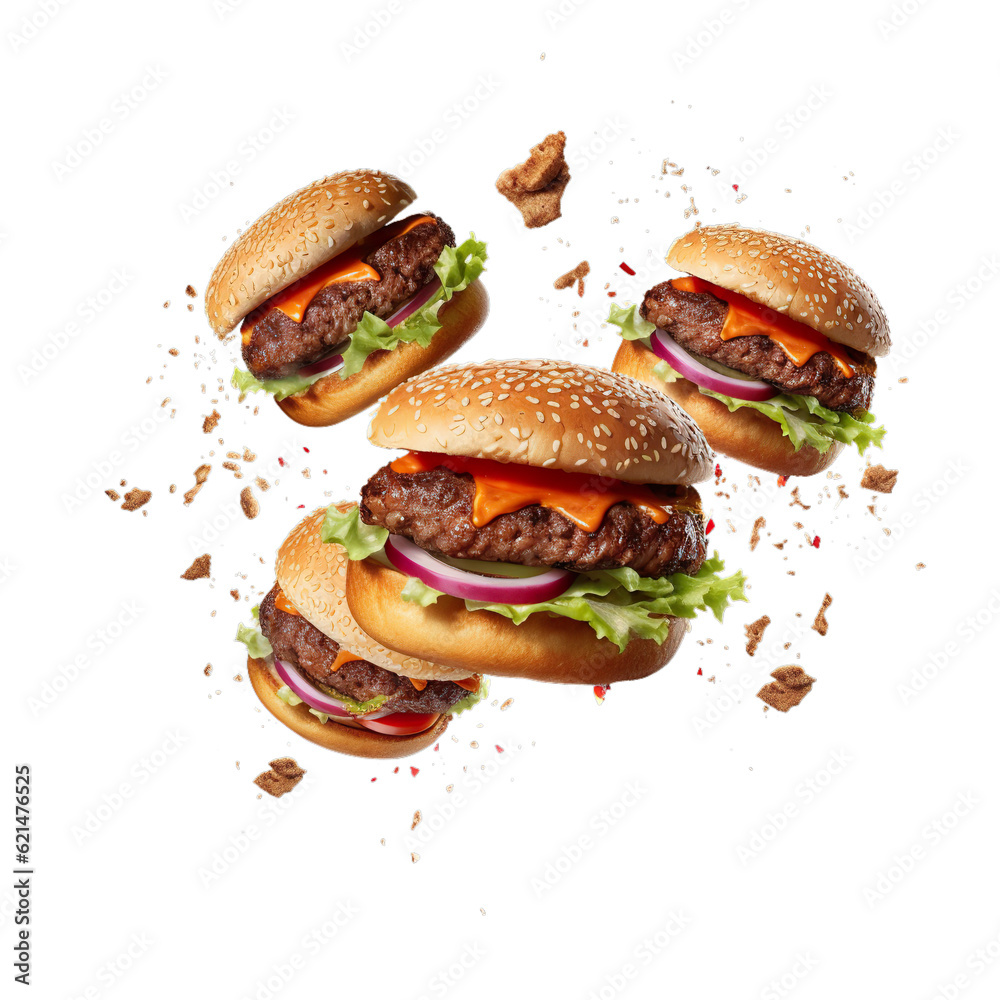 Grill burger, realistic 3d burgers falling in the air, grilled meat ...