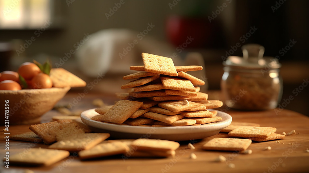 Generative AI image of crisp cream crackers elegantly arranged on a ...
