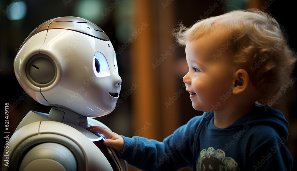 Smiling baby playful with ai robot at home,artificial intelligence ...