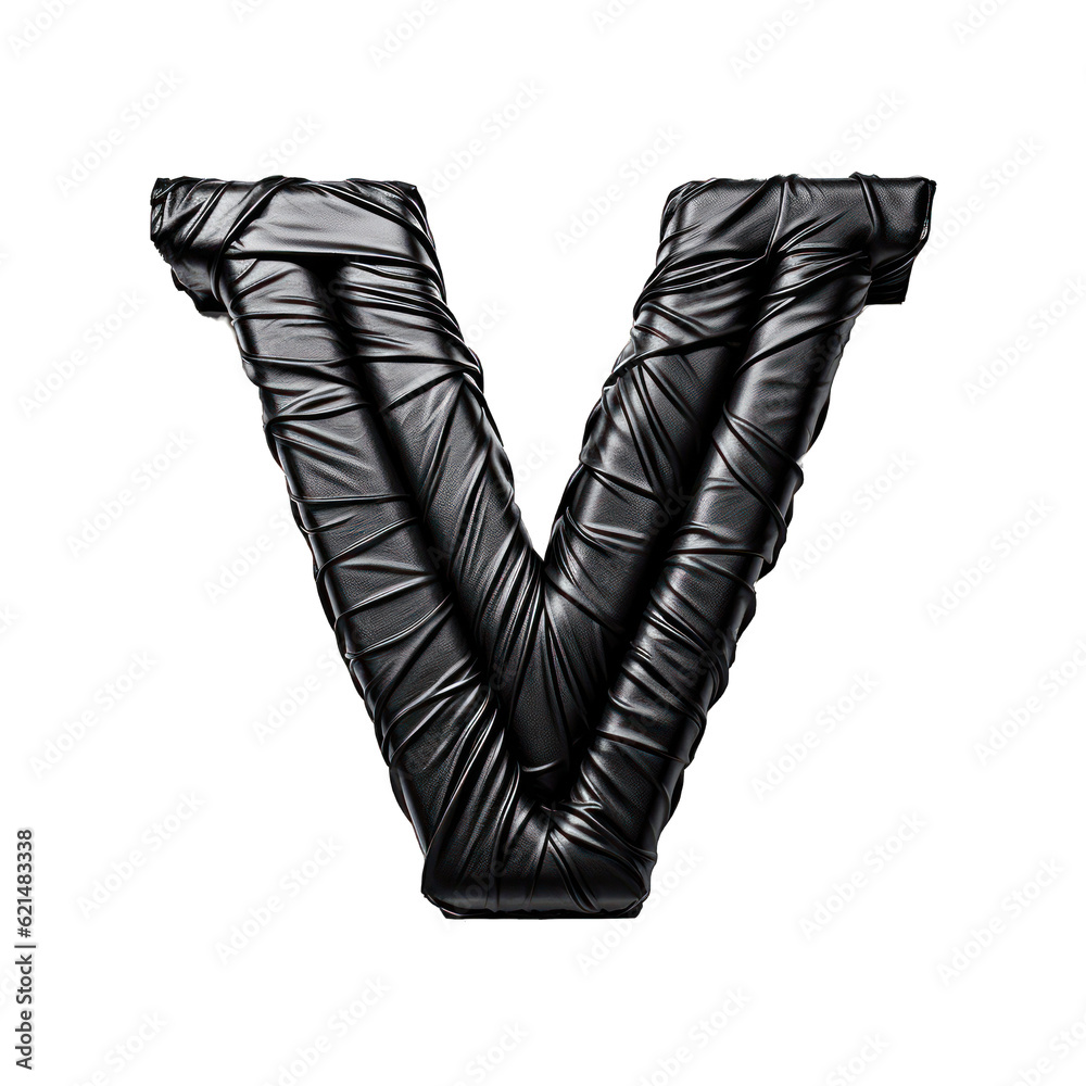 isolated letter V in wrinkled leather black texture, alphabet abc font ...