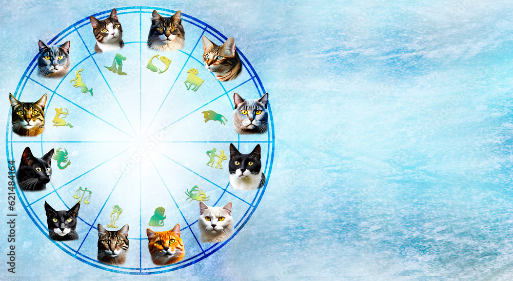 zodiac wheel with twelve cats in horoscope fields over blue background ...