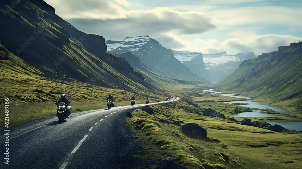 Group of a bikers on highway between beautiful mountains, valley ...