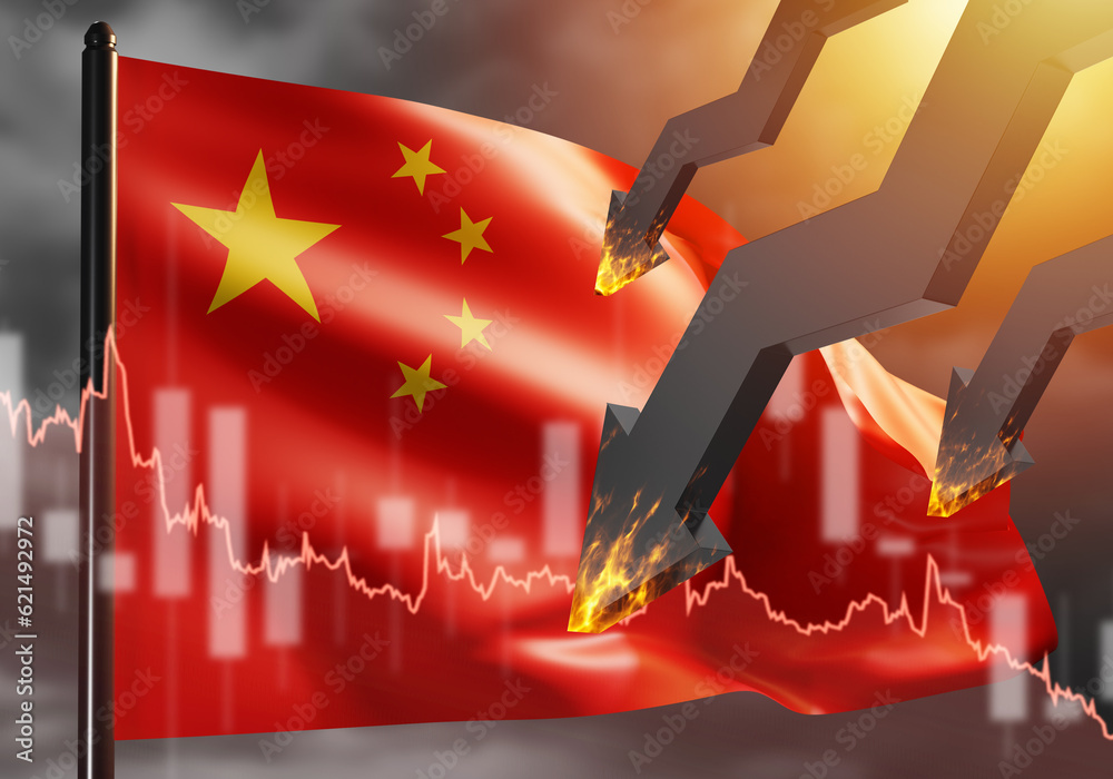 Economy of China. Falling chart. Financial crisis in PRC. Down arrows ...