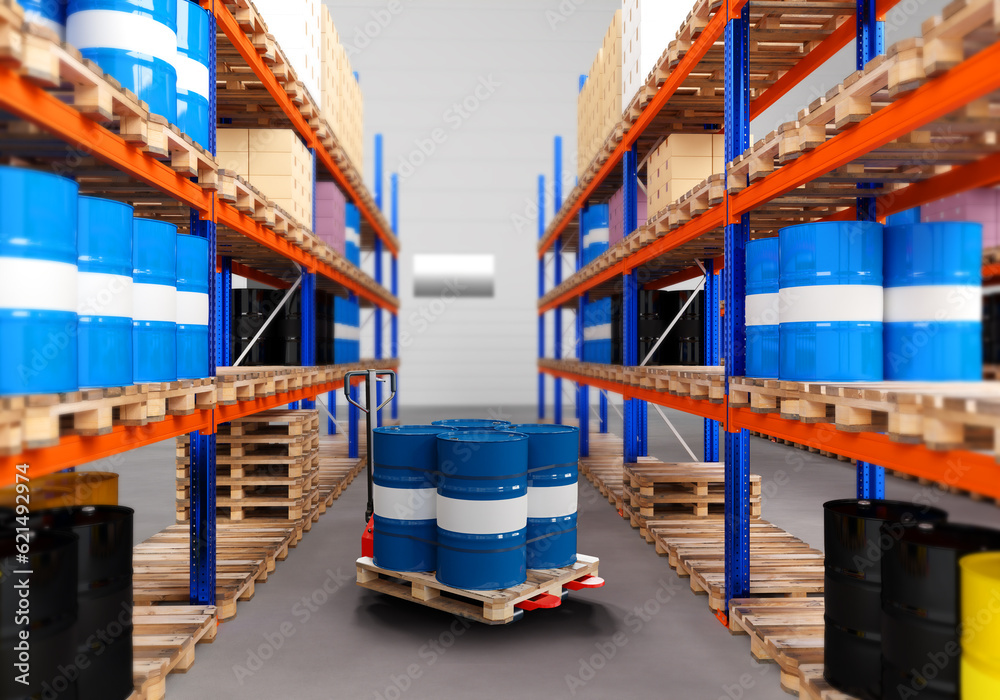 Warehouse interior. Pallets with barrels. Shelves with boxes in storage ...