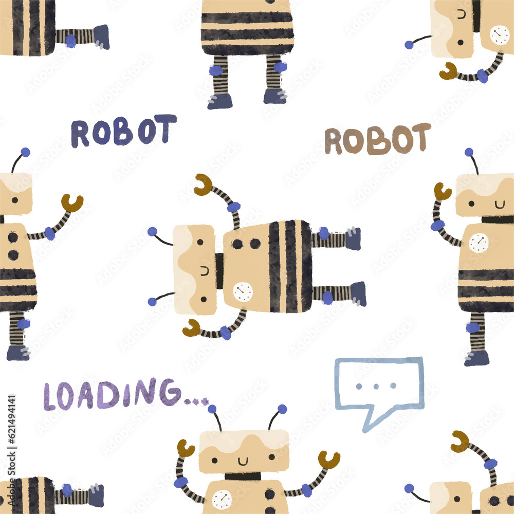 Colorful cartoon robots isolated background seamless pattern. Endless pattern with different ...