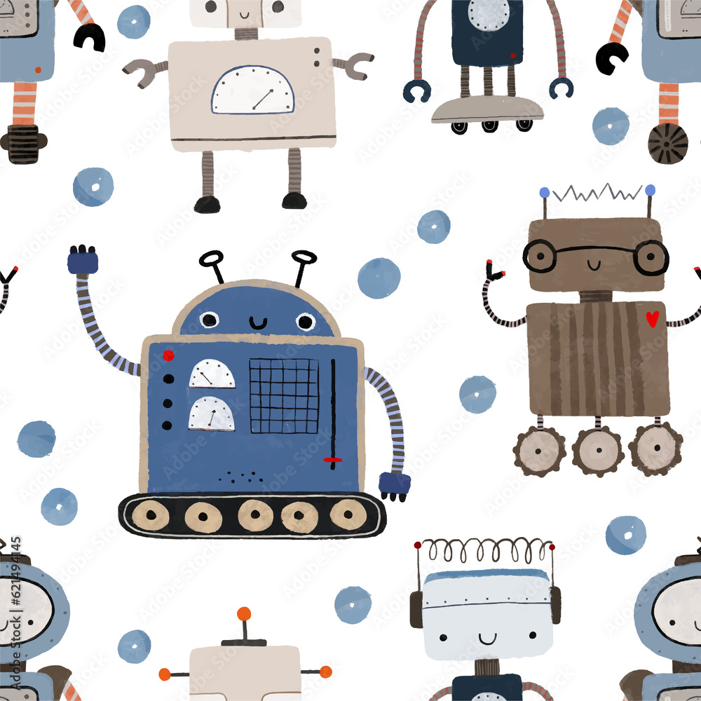 Colorful cartoon robots isolated background seamless pattern. Endless pattern with different ...