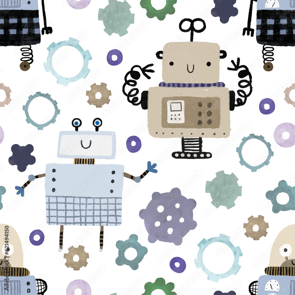 Colorful cartoon robots isolated background seamless pattern. Endless pattern with different ...