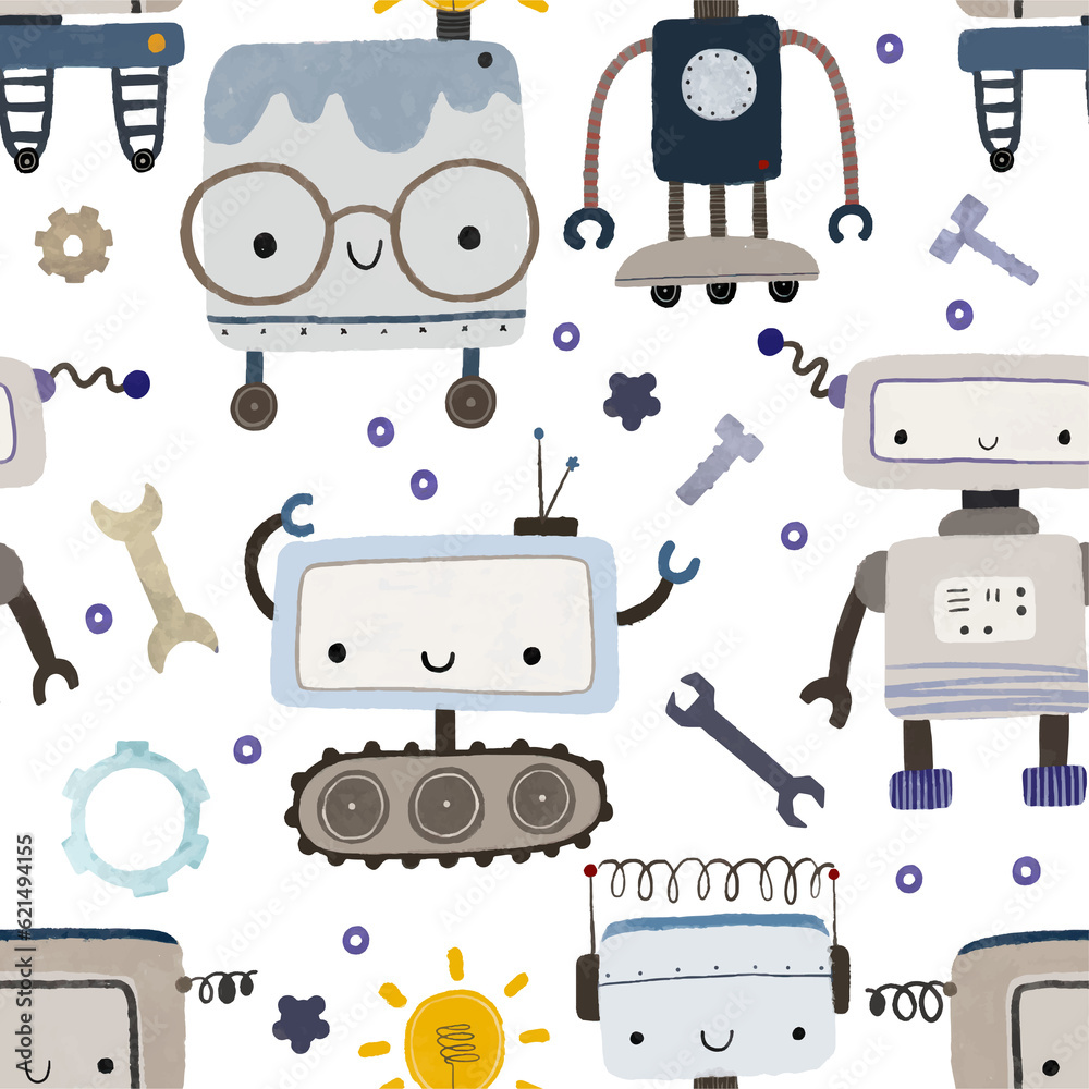 Colorful cartoon robots isolated background seamless pattern. Endless pattern with different ...
