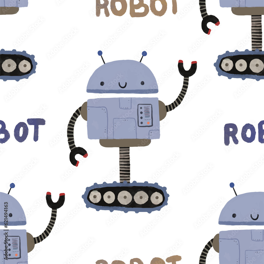 Colorful cartoon robots isolated background seamless pattern. Endless pattern with different ...
