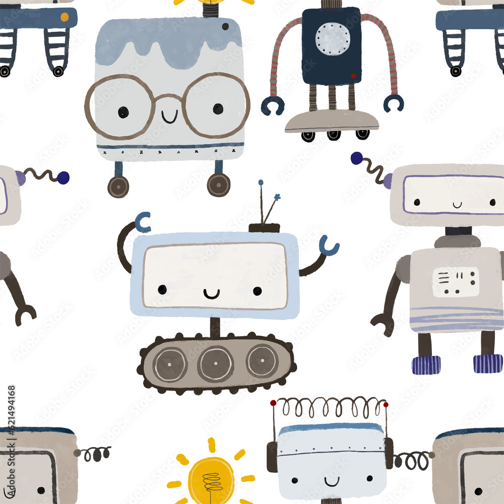 Colorful cartoon robots isolated background seamless pattern. Endless ...