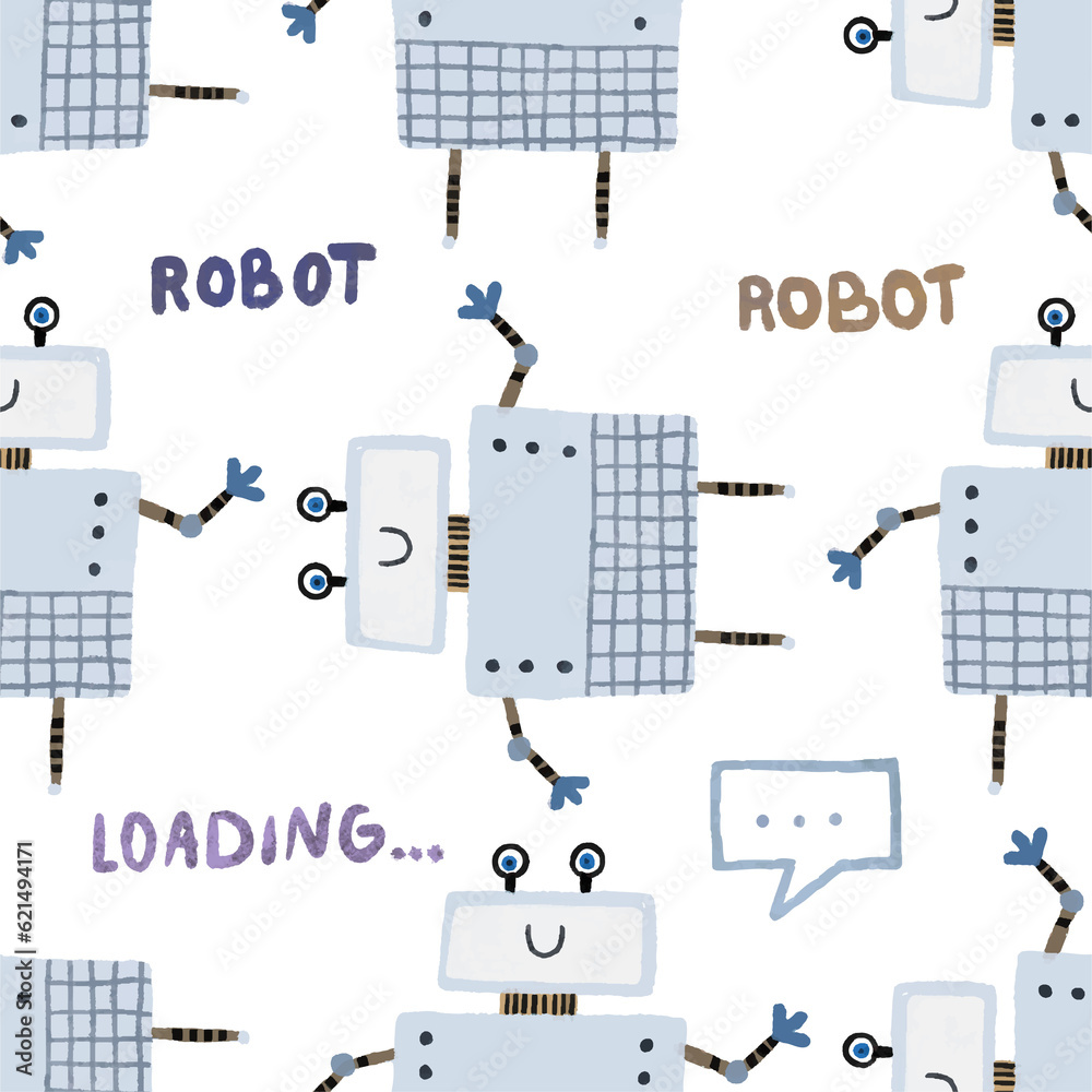 Colorful cartoon robots isolated background seamless pattern. Endless pattern with different ...
