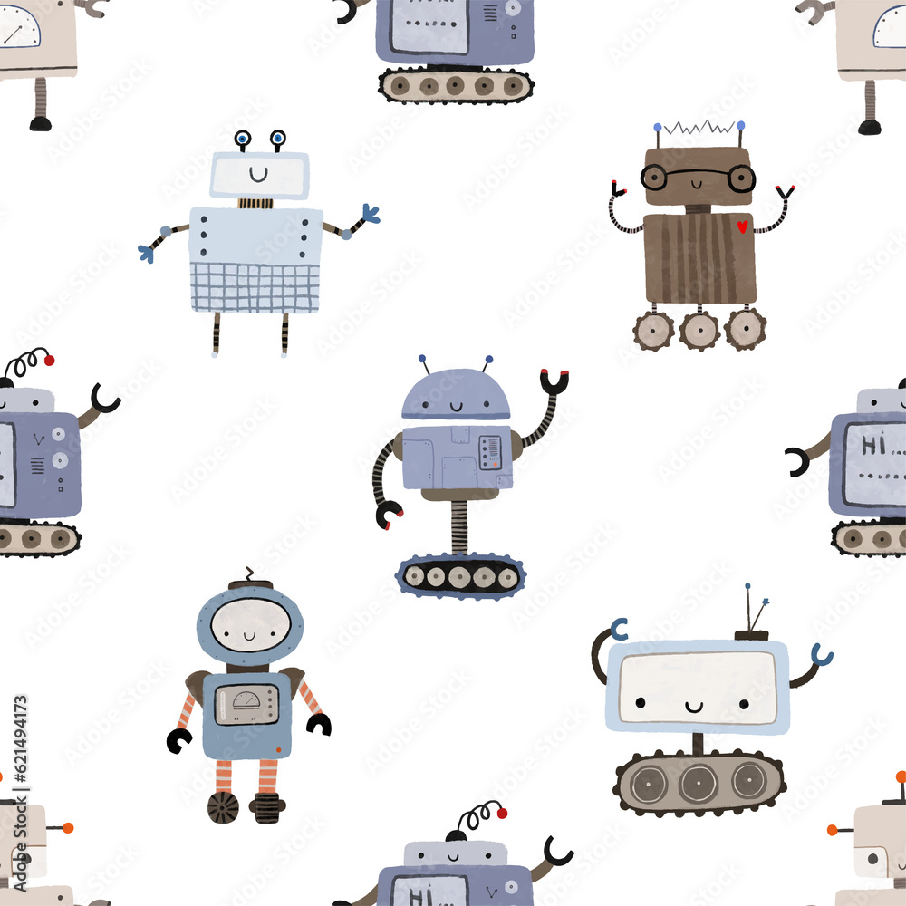 Colorful cartoon robots isolated background seamless pattern. Endless pattern with different ...