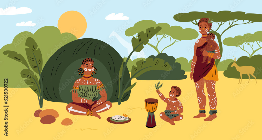 African tribe people. Cartoon aborigines. Happy parents and children ...