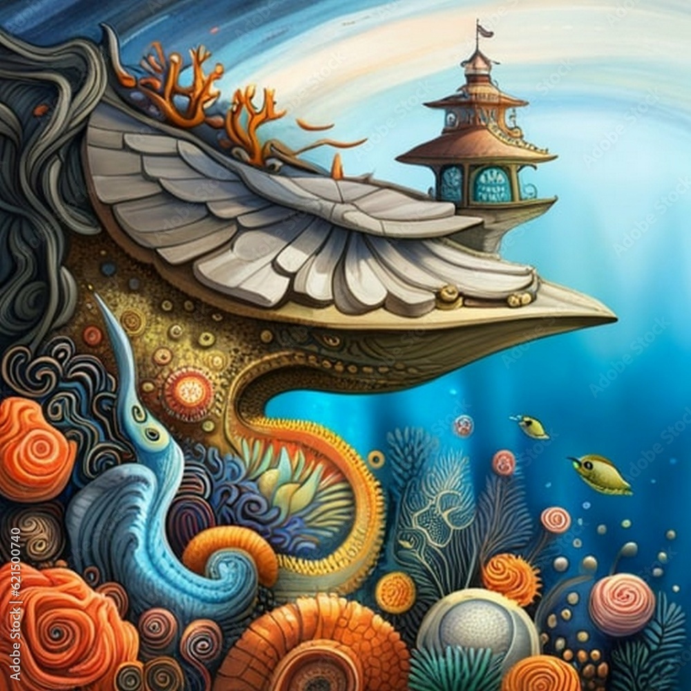steampunk house on the edge of a coral reef, surrounded by exotic sea ...