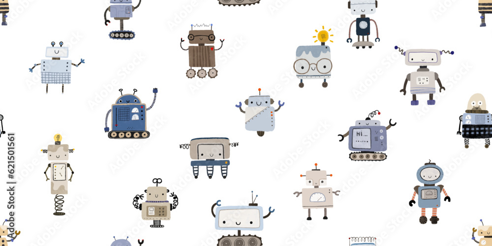 Colorful cartoon robots isolated background seamless pattern. Endless pattern with different ...