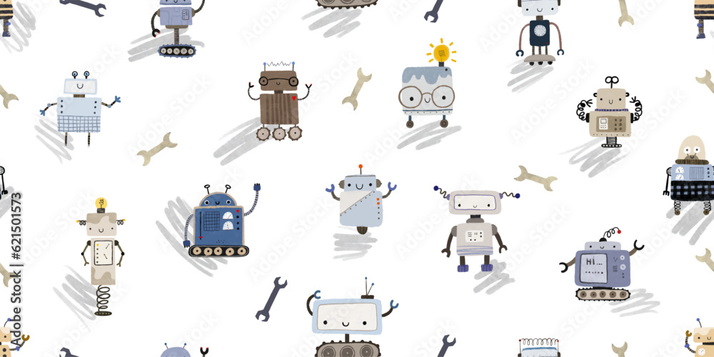 Colorful cartoon robots isolated background seamless pattern. Endless pattern with different ...