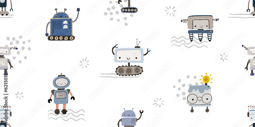 Colorful cartoon robots isolated background seamless pattern. Endless pattern with different ...