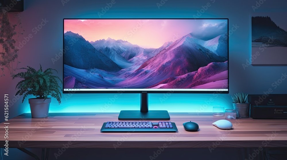 A minimalist desktop computer setup with a large curved monitor and RGB ...