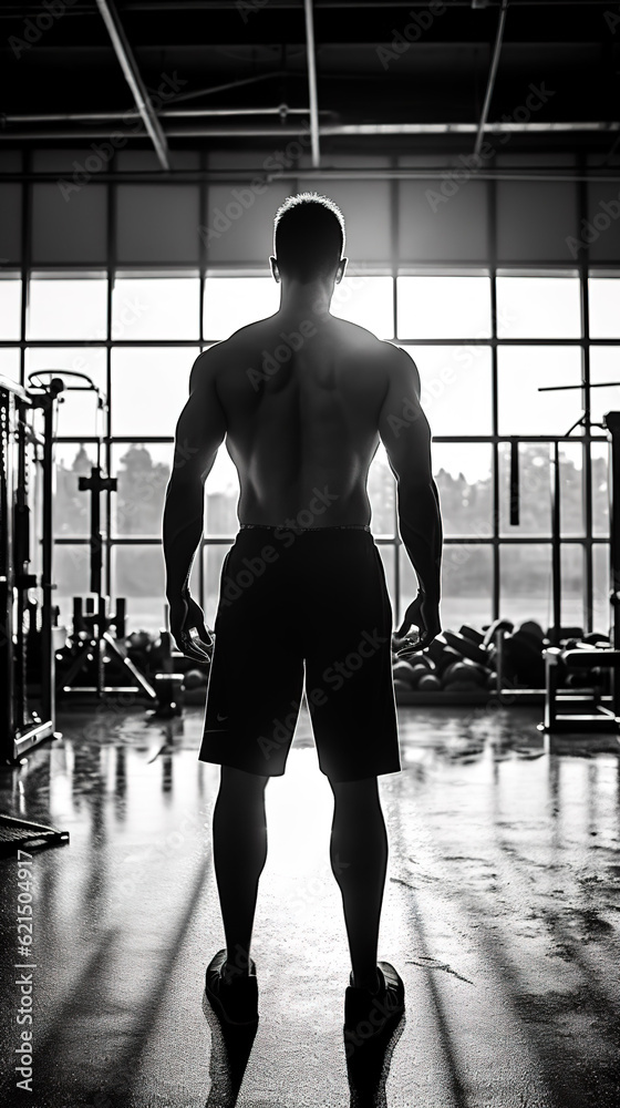 Muscular man standing with his back to the camera in the background of ...
