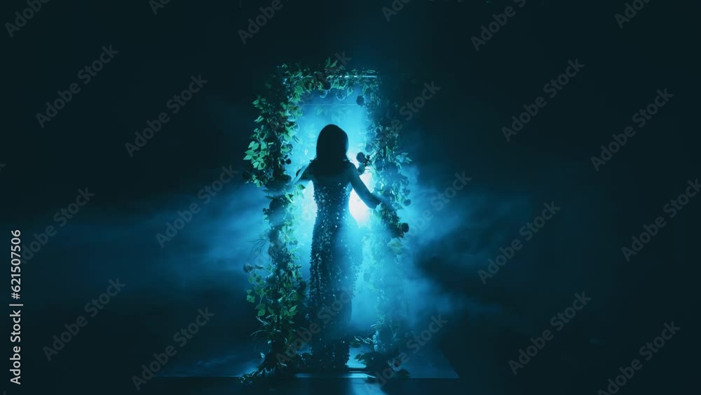 dark silhouette fantasy woman witch dancing in black night garden fog ...
