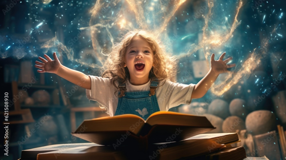 Girl excited with an opened magical book with wave of astral magical ...