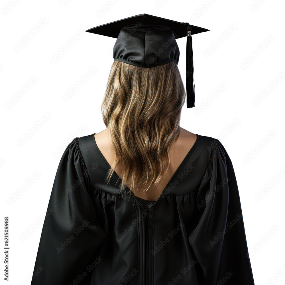 School graduation. Female graduate in cap and gown rear view isolated ...