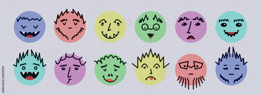 Abstract smile face icons. Cartoon round emoji avatars. Emoticon ...
