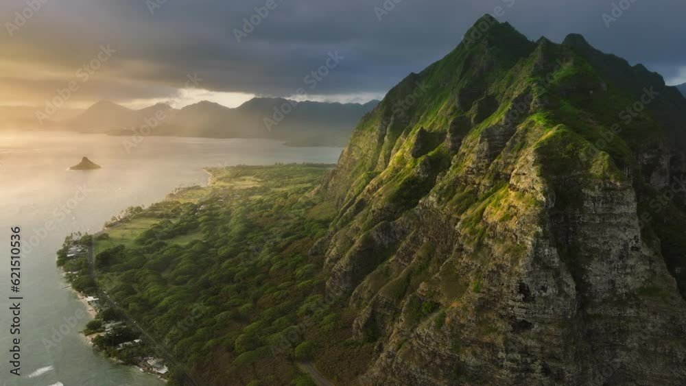 Cinematic Hawaii nature landscapes at golden sunrise. Scenic Oahu coast ...